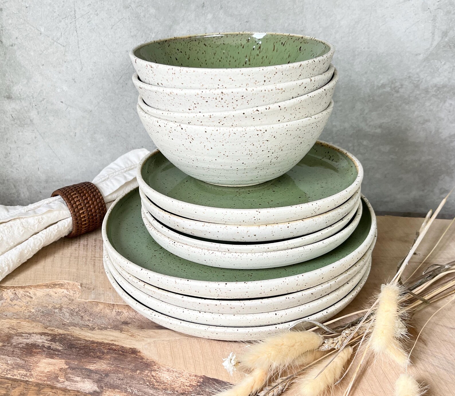 Ready to Ship Handmade 12 Piece Matte Linen and Jade Dinnerware ...