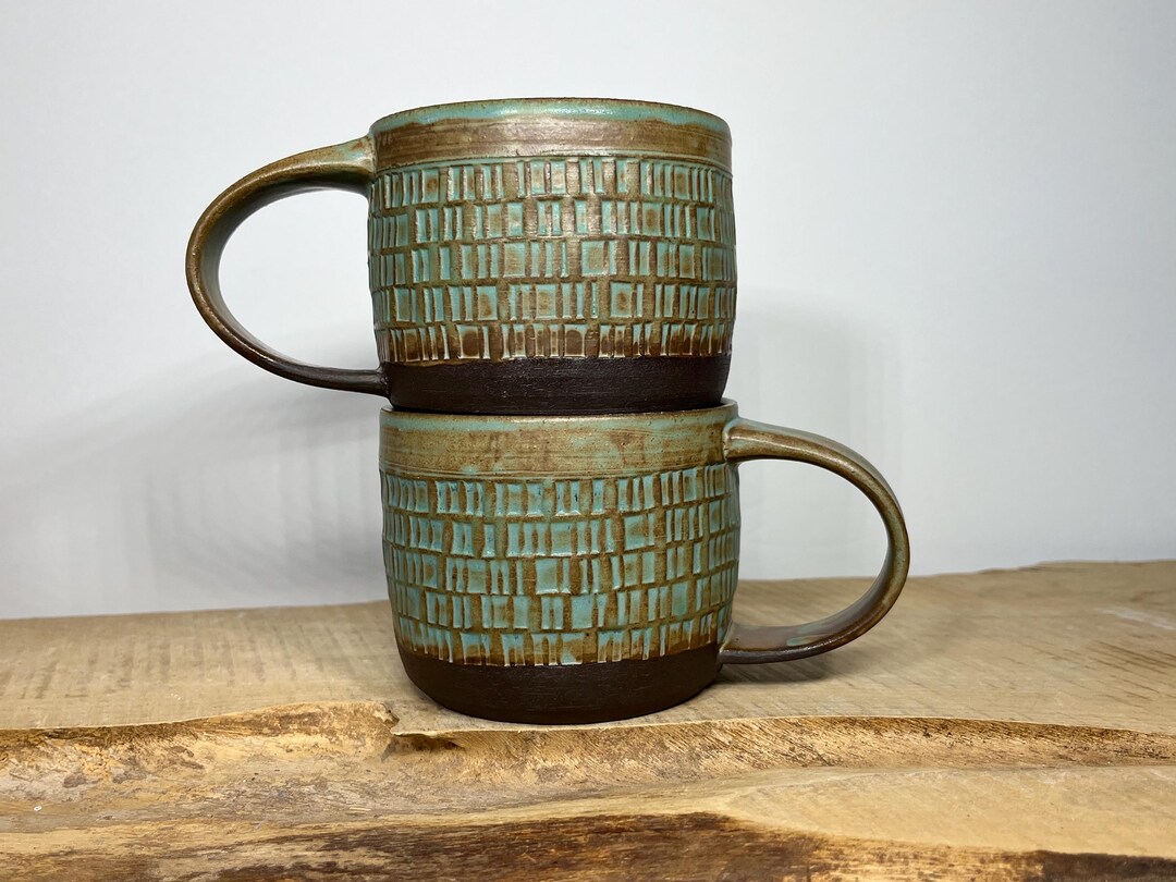 Pair of 12 Ounce Handmade moss and Birchbark Stackable Textured Mugs - Etsy