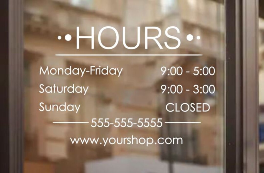 Business Hours Decal for Storefront Window Hours of Operation ...