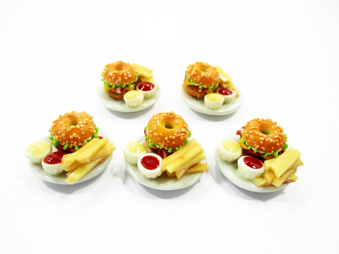 Dollhouse Miniatures Fast Food 5 Cheese Bagels French Fries 2.5cm ...