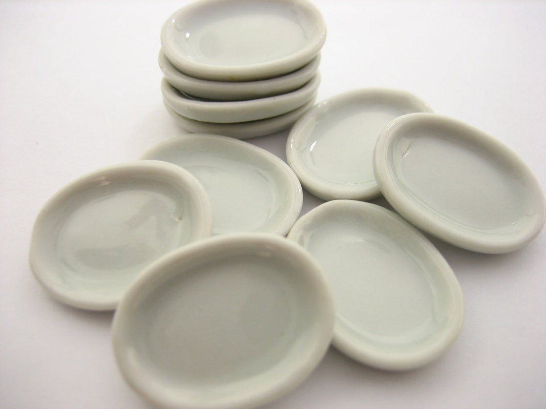 10 Mini White Oval Plate Dish 17x23mm Dollhouse Miniatures Ceramic ...