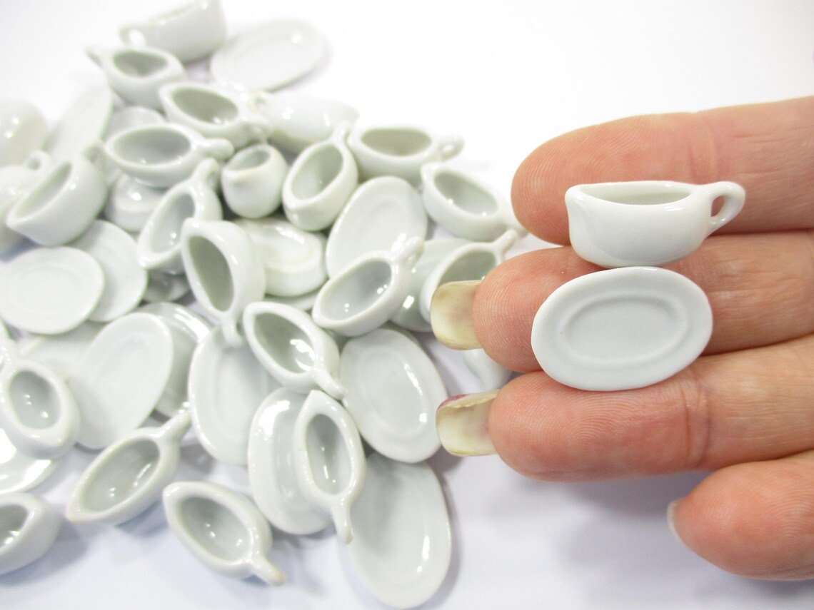 2/4 Ceramic White Mini Gravy Milk Boat Plate Saucer Dollhouse ...