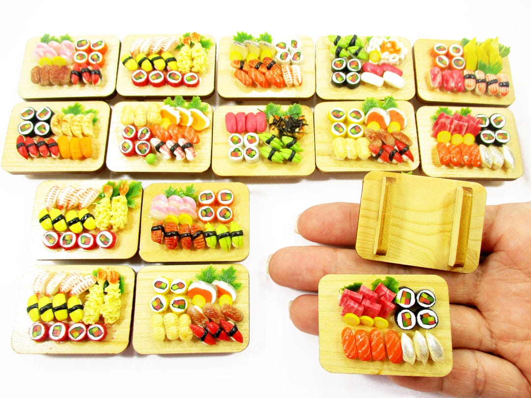 4 Miniature Sushi Set – 1:12 Scale Dollhouse Japanese Food on Wooden ...