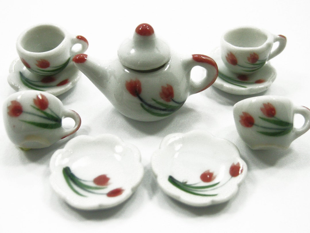 4/9 Tulip Cup Teapot Scallop Plate Saucer Dollhouse Miniature Ceramic # ...