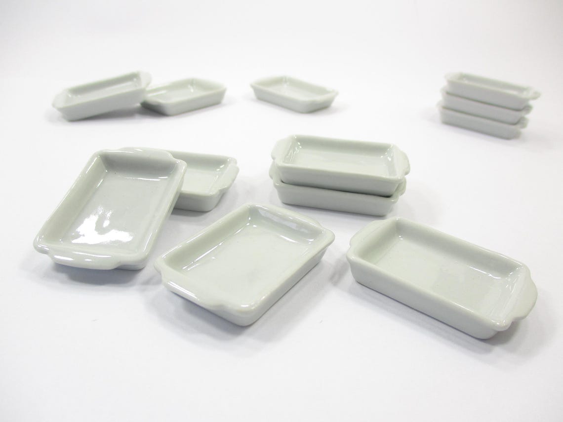 6 White Baking Pan/tray 25x35 Mm Dollhouse Miniatures Ceramic Supply ...
