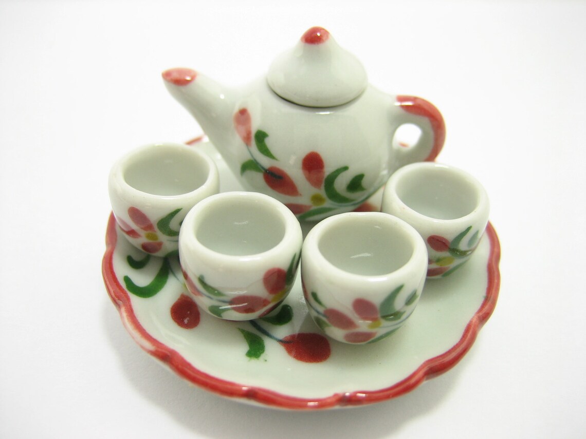 Dollhouse Miniatures Ceramic Red Orchid Paint Tea Cup Set Tea | Etsy