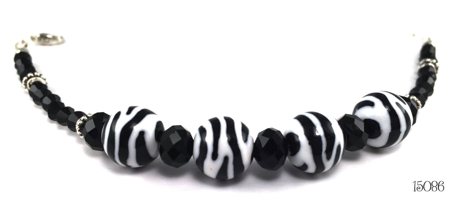 Black and White Zebra Print Beads With Black Faceted Crystals and ...