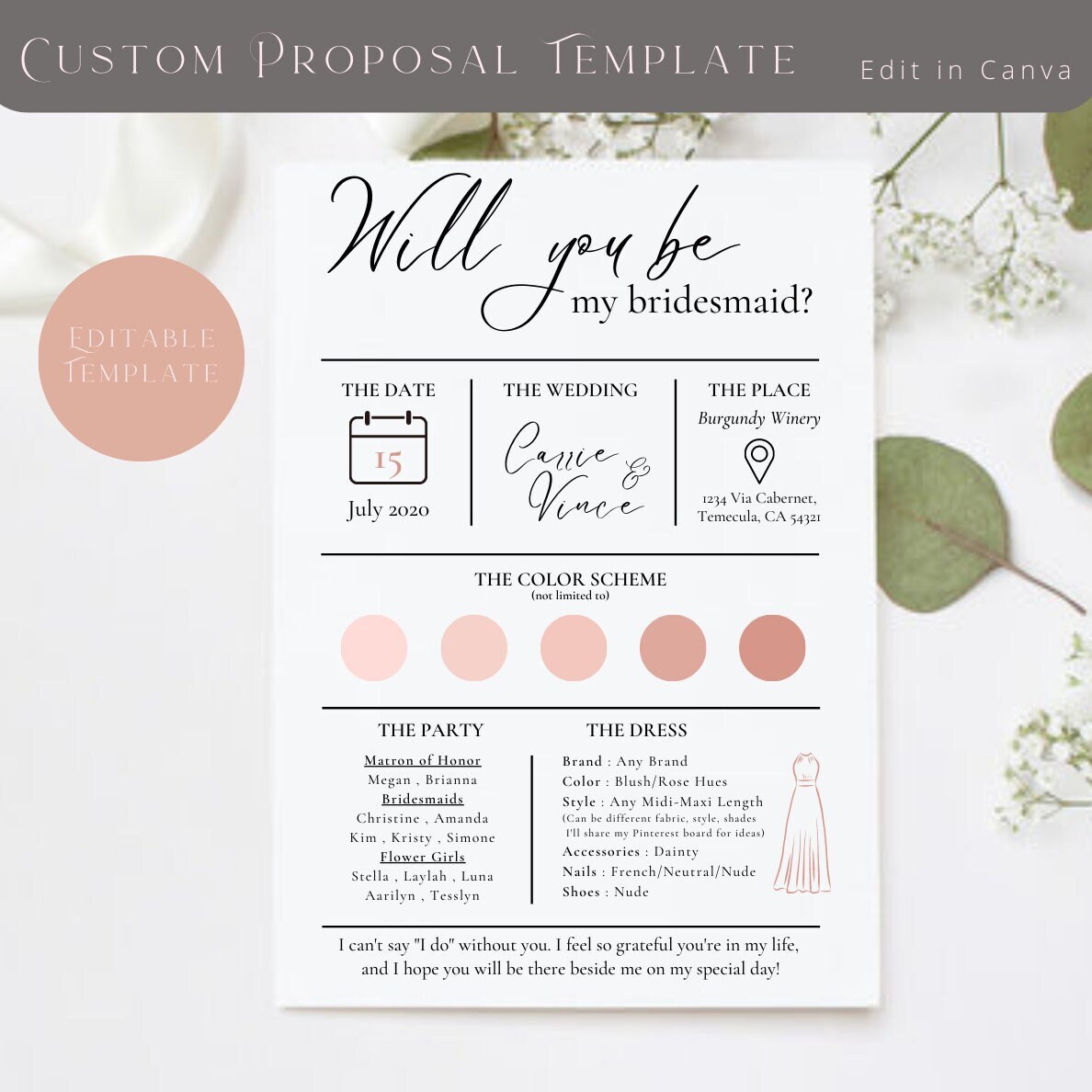 Bridesmaid Info Card Template, Maid of Honor Card Template, Flowergirl ...