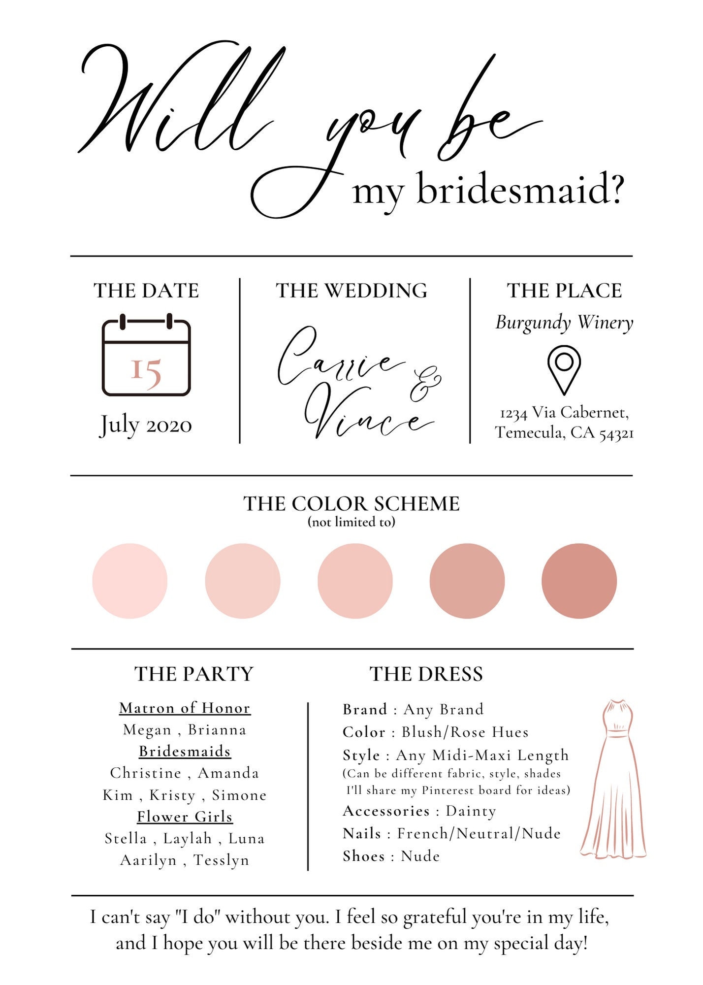 Bridesmaid Info Card Template Maid of Honor Card Template - Etsy