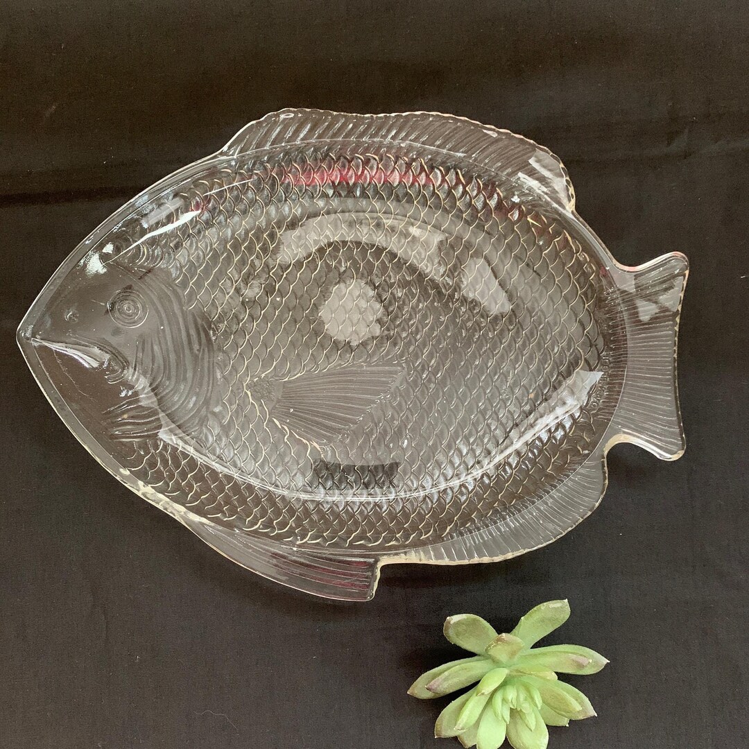 Vintage Glass Fish Plate, 2 Ovenproof Pressed Glass Dish, Seafood ...