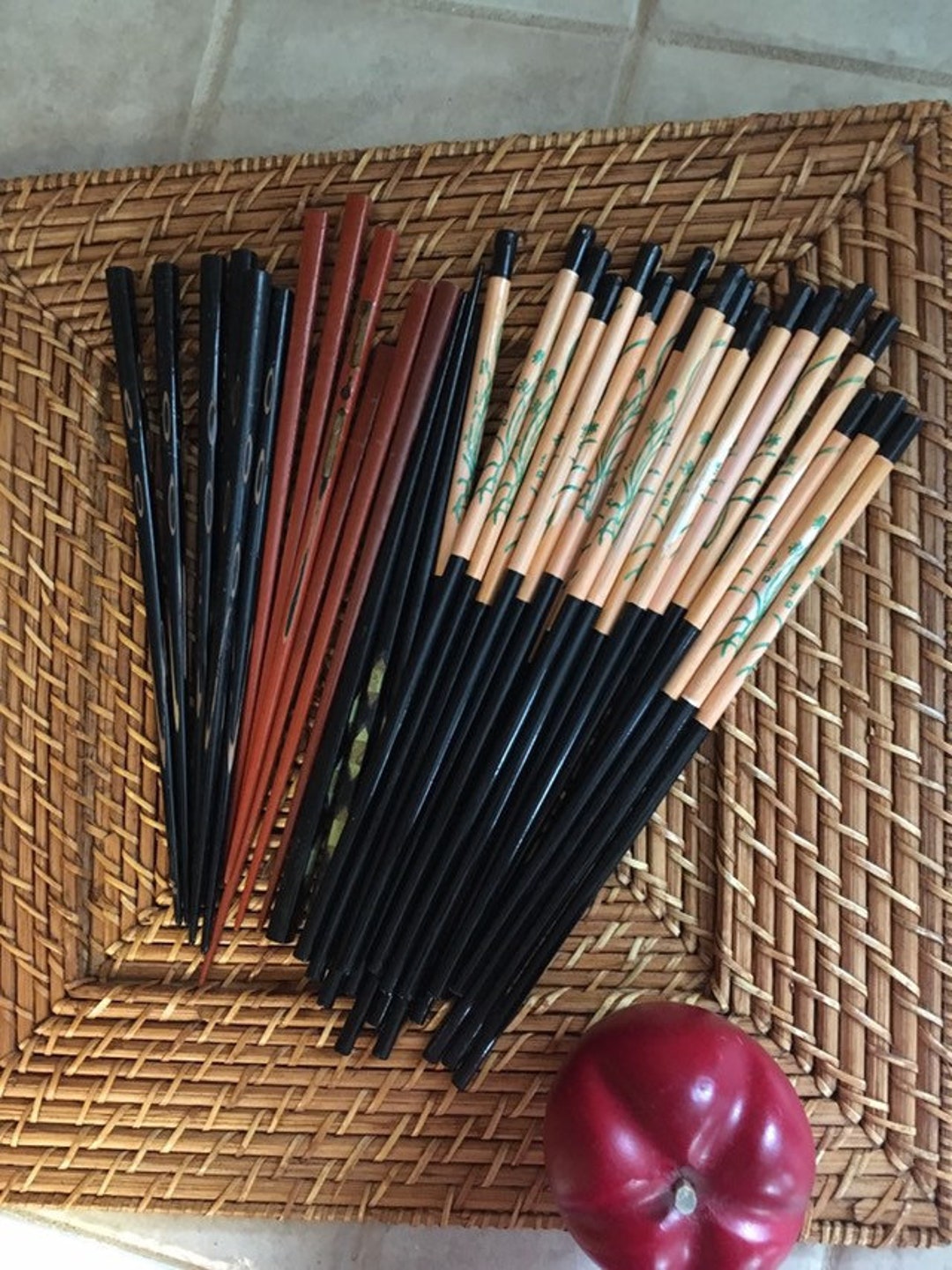 Vintage Lacquered Chopsticks, Fancy Decorative Inlaid MOP Chinese ...
