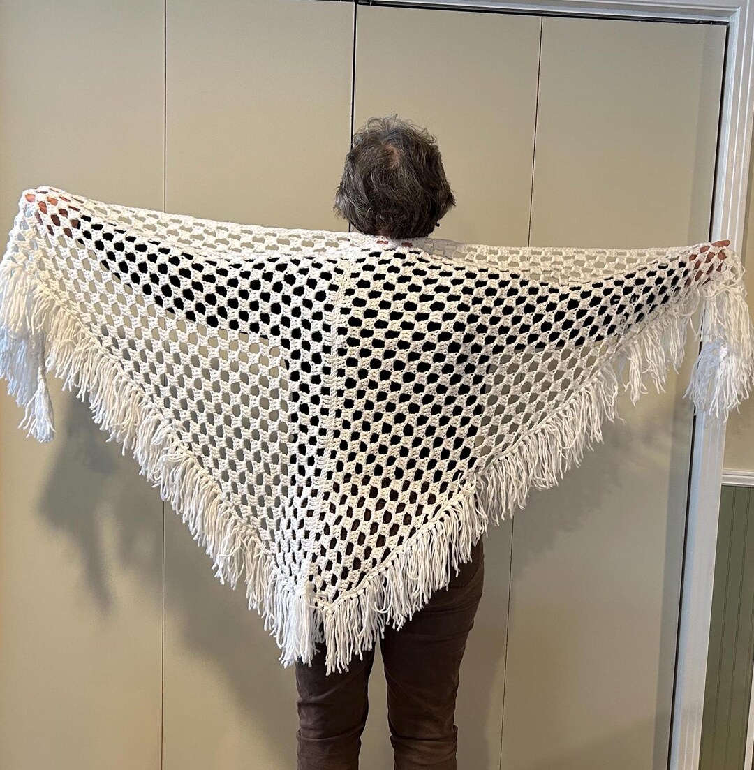Vintage Crochet Fringe Shawl, Large Vintage Hippie Boho Shawl, Festival ...