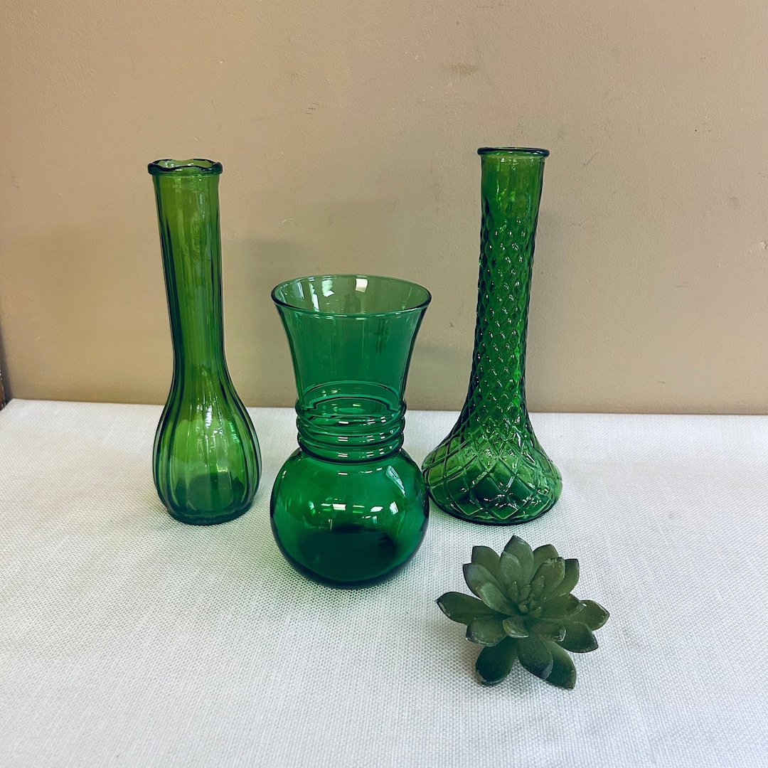 3 Vintage Green Glass Bud Vases, Pressed Glass Floral Supply, Flower ...
