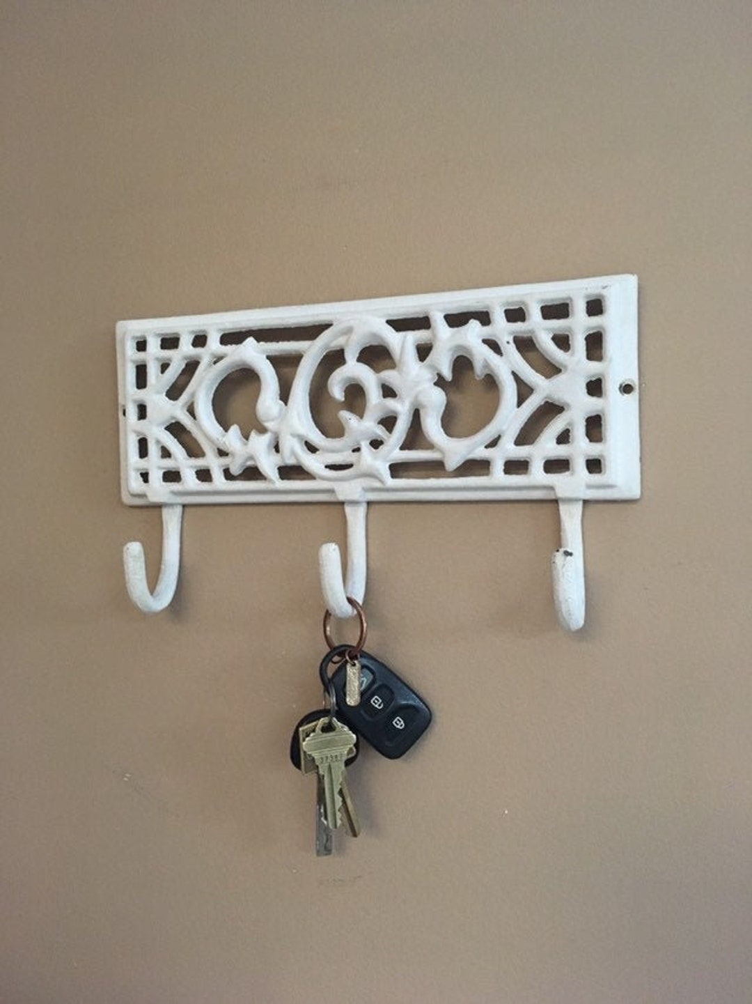 Vintage Cast Iron Wall Rack, Chippy White Scroll Metal Wall Hooks ...