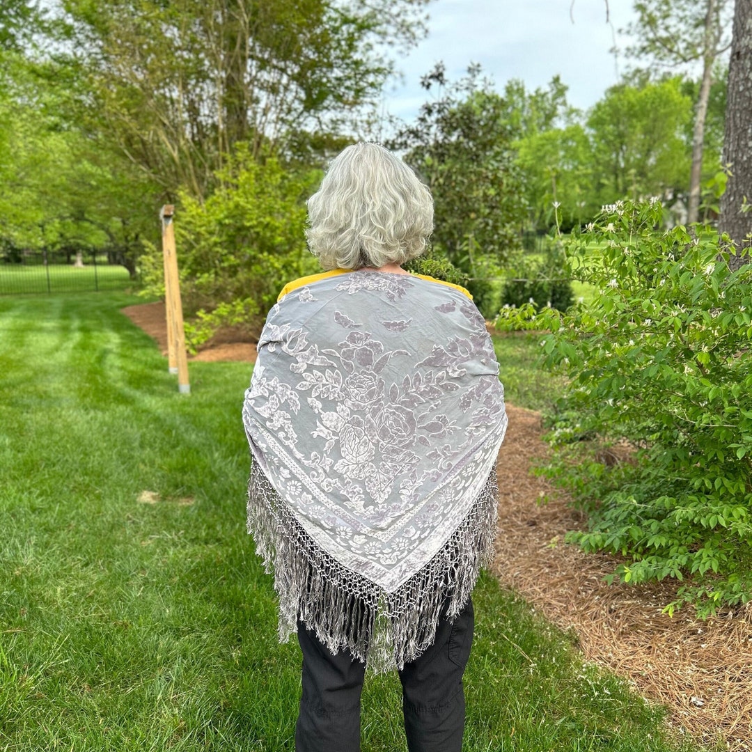 Vintage Fringed Boho Shawl, Hippie Burnout Festival Clothing, Gray ...