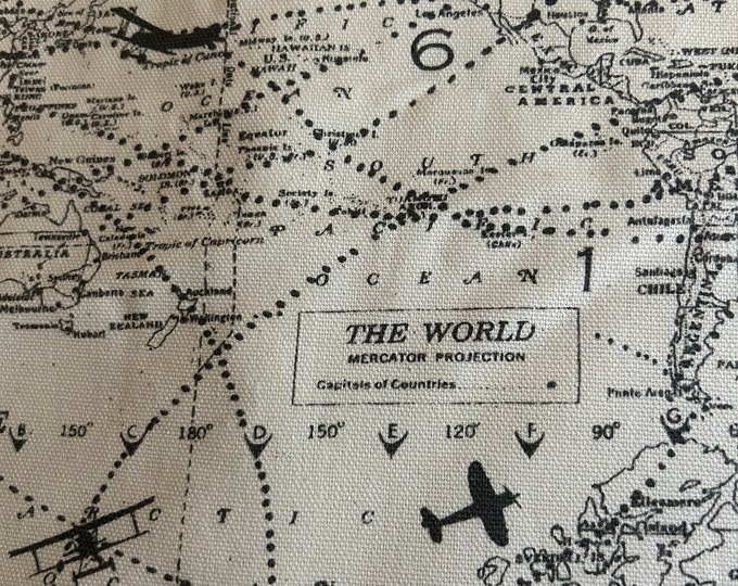 World Map Aviator Fabric Yardage, Flight Pattern on Cotton Duck ...