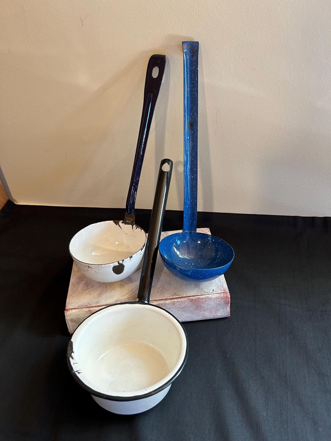 Vintage Enamel Ladle, Water Dipper or Scoop, Blue Granite or Black ...
