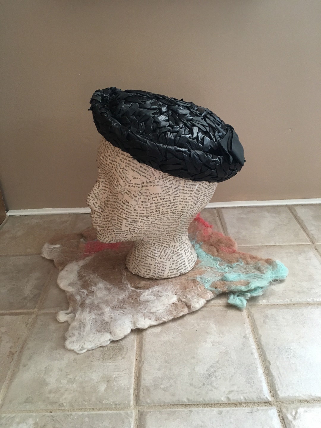 Vintage Tilt Mini Hat With Bow, Raffia Hat, Womens Black Woven Betmar ...