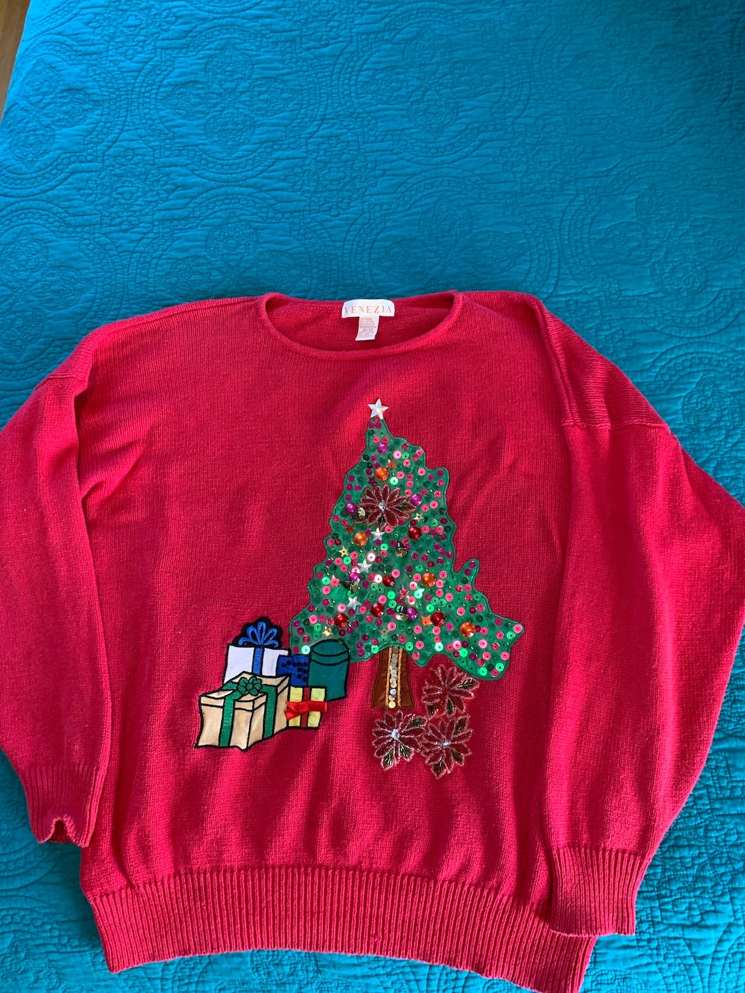 Vintage Sequin Christmas Tree Sweater, Sparkly Red Size XL 22/24 ...