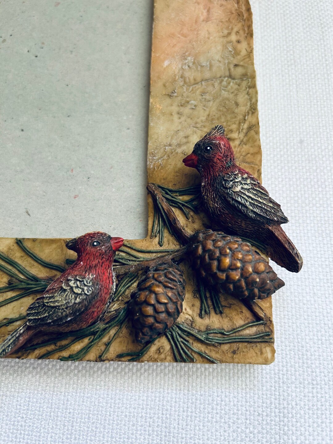 Vintage Cardinal Frame, Sculptural Pine Cone and Red Bird Details ...