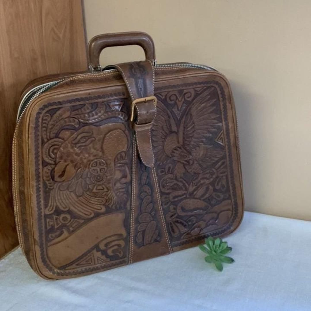 Vintage Leather Suitcase, Large Soft Side Zippered Embossed Luggage - Etsy