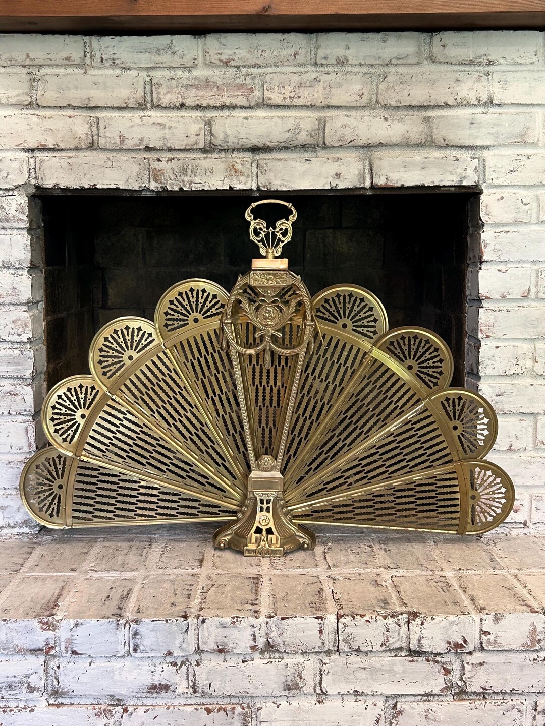 Brass Peacock Fireplace Screen, Vintage Collapsible Firescreen Guard ...