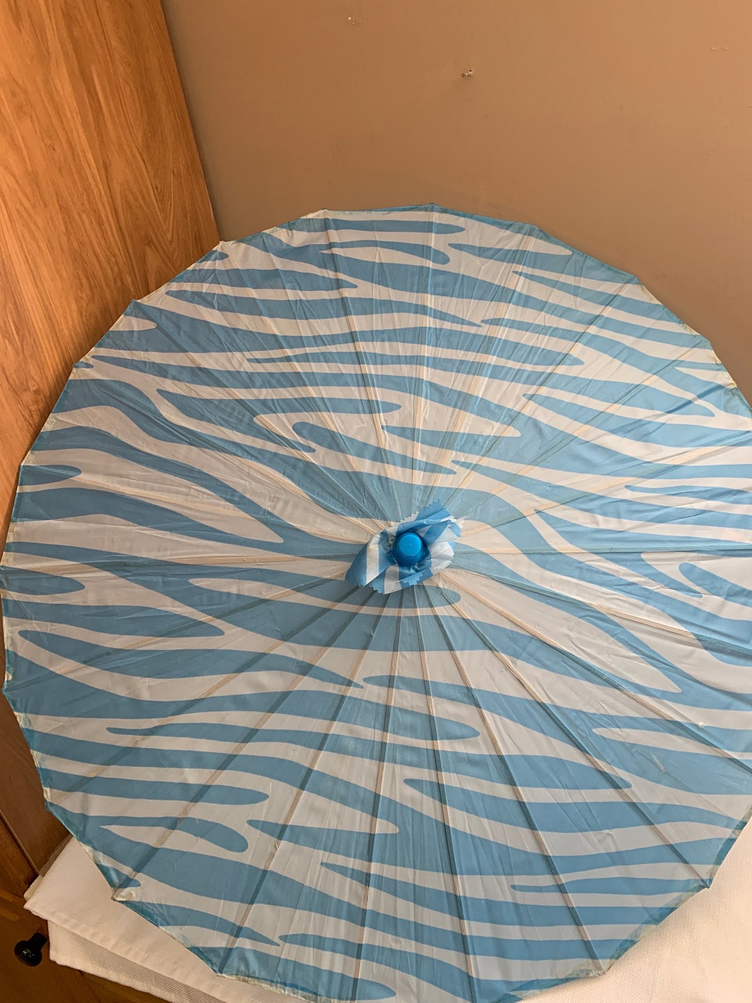 Vintage Sun Parasol, Blue Photo Prop, Giant Drink Umbrella, Wood Handle ...