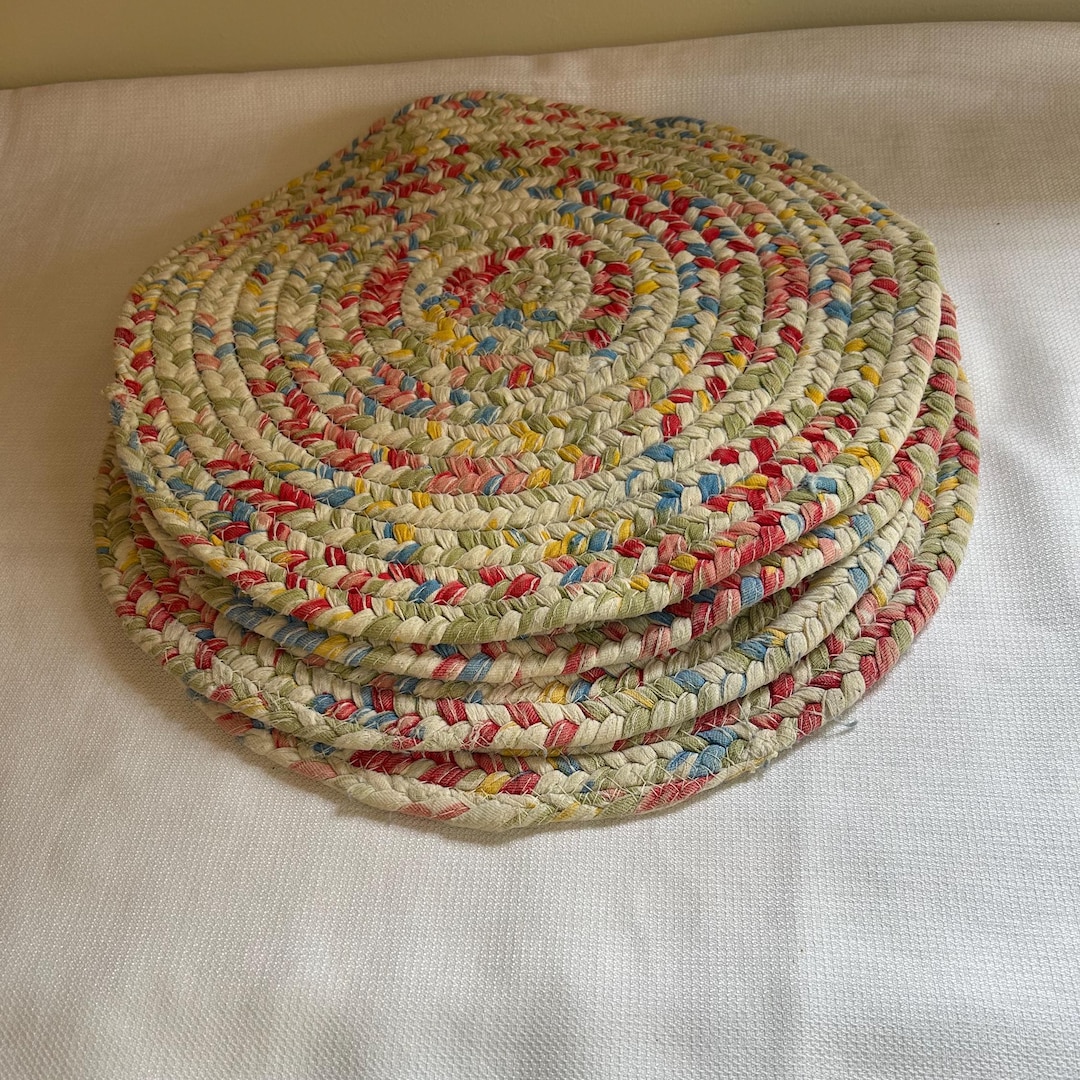 4 Vintage Chair Pads, Folk Art Pastel Braided Rug, Round Seat Covers ...
