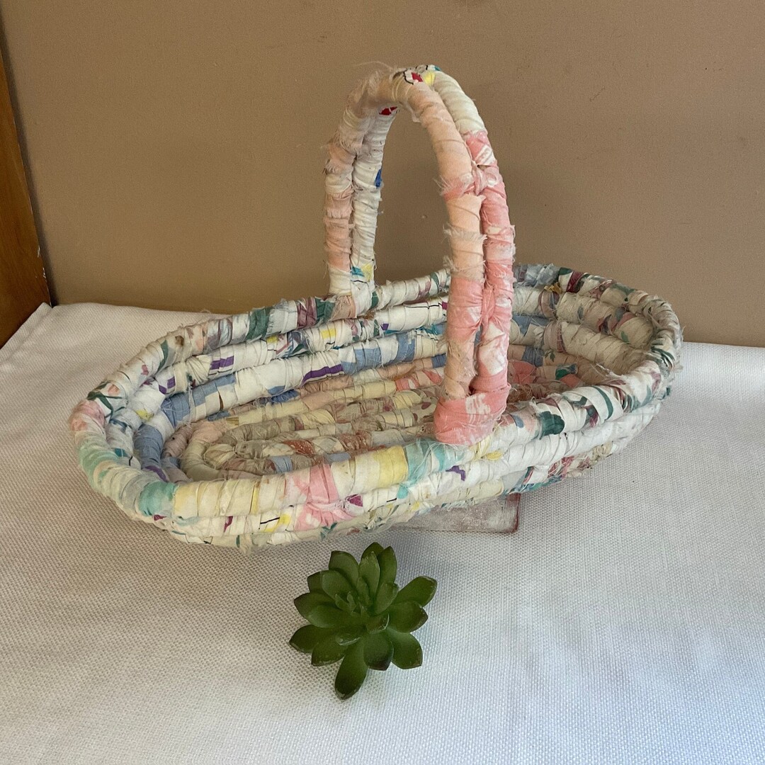 Vintage Rag Basket, Long Fabric Basket With Handle, Country Pastel ...