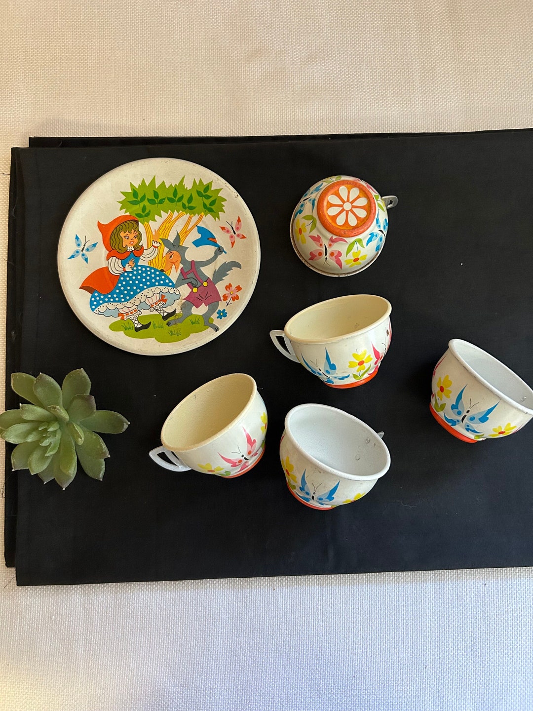 Vintage Metal Toy Plate and Cups, Little Red Riding Hood Child's Tin ...