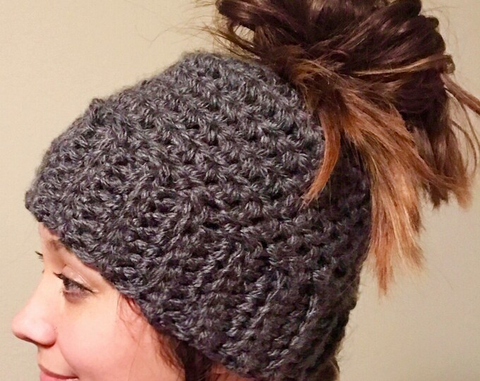Messy Bun Hat, Crochet Messy Bun Hat, Messy Hair Hat, Crochet Beanie ...