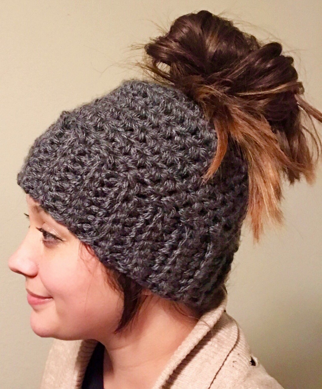 Messy Bun Hat, Crochet Messy Bun Hat, Messy Hair Hat, Crochet Beanie ...