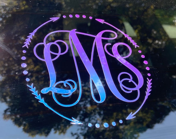 Monogram Decal, Boho Monogrammed Decal, Holographic Decal, Custom Decal ...