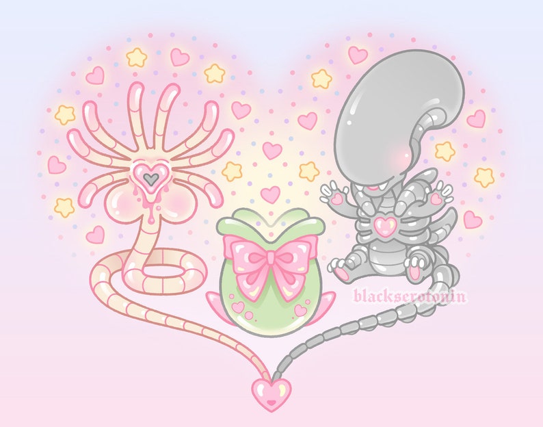 Kawaii Xenomorph and Facehugger Heart Print Alien - Etsy