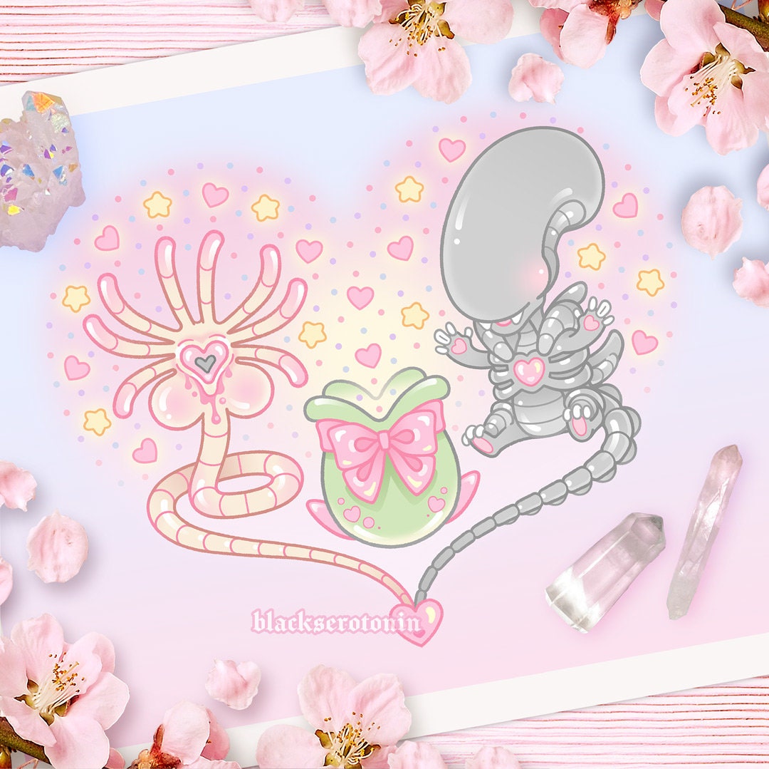 Kawaii Xenomorph and Facehugger Heart Print | Alien, Xenomorph, Face ...