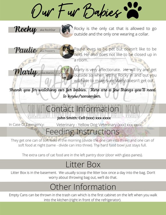 Cat Sitting Instructions Printable TEMPLATE INSTANT Digital | Etsy