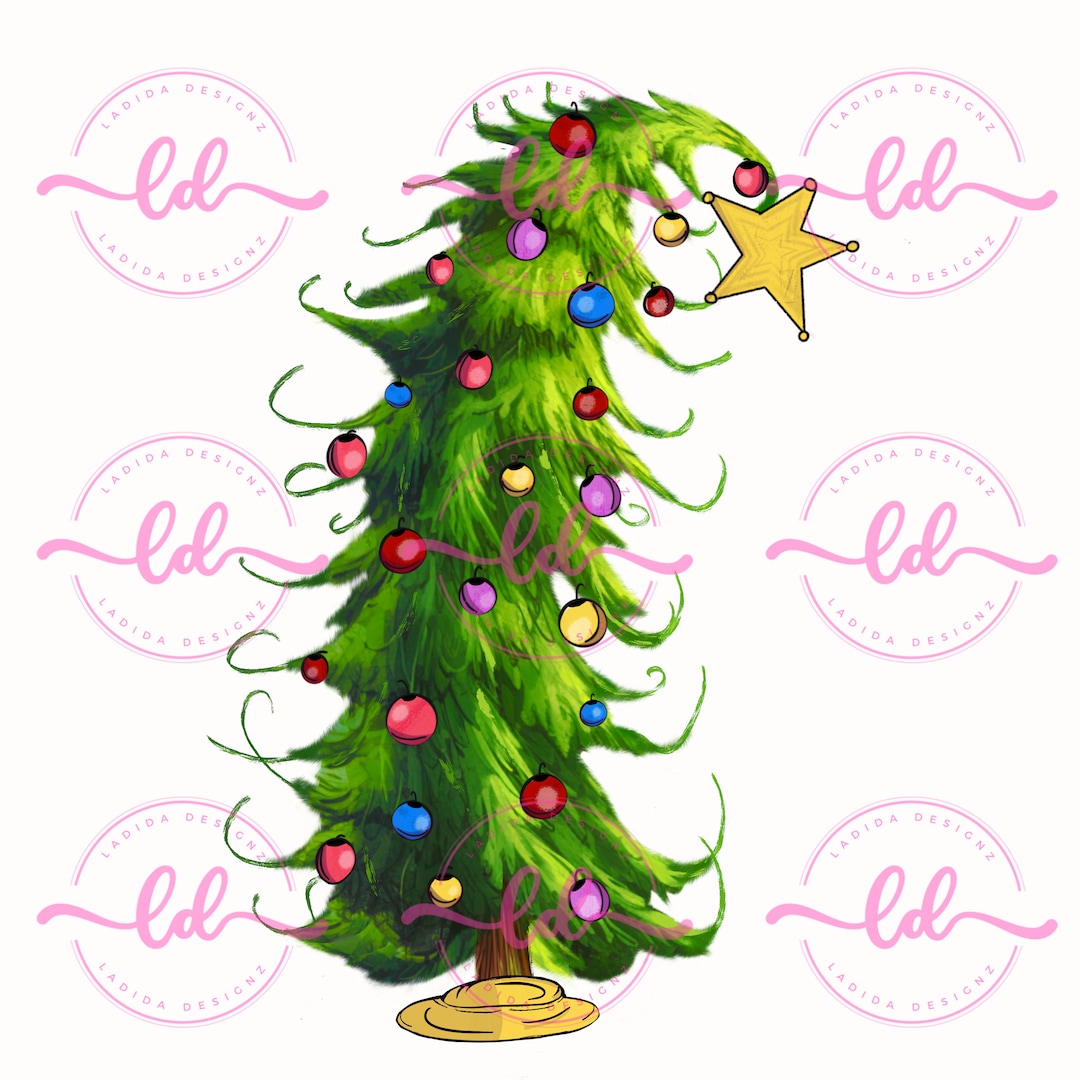 Bent Christmas Tree With Colorful Ornaments and Star Curly Hand Drawn ...