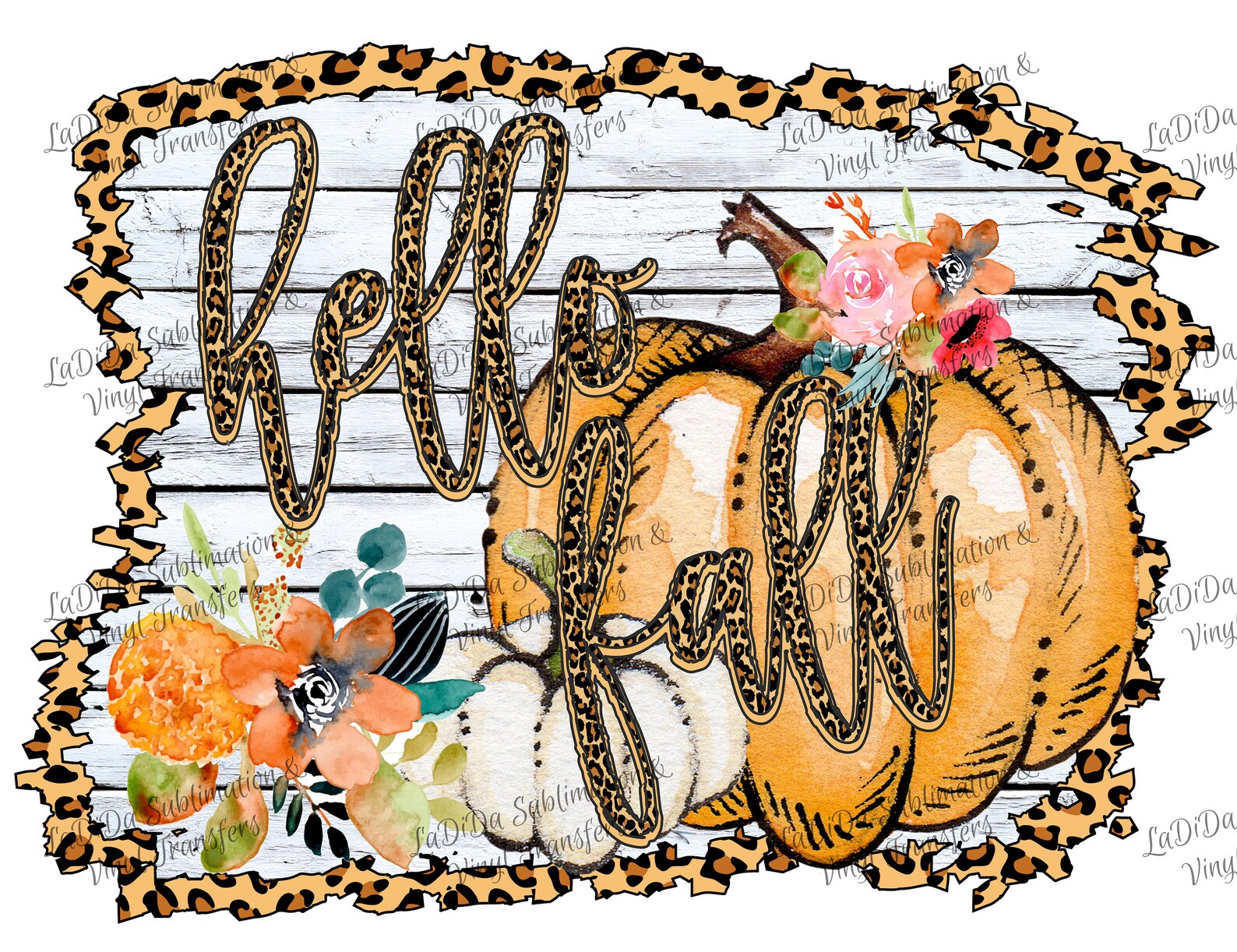 Hello Fall Leopard Wood Look Frame Pumpkin Floral Fall Sublimation ...