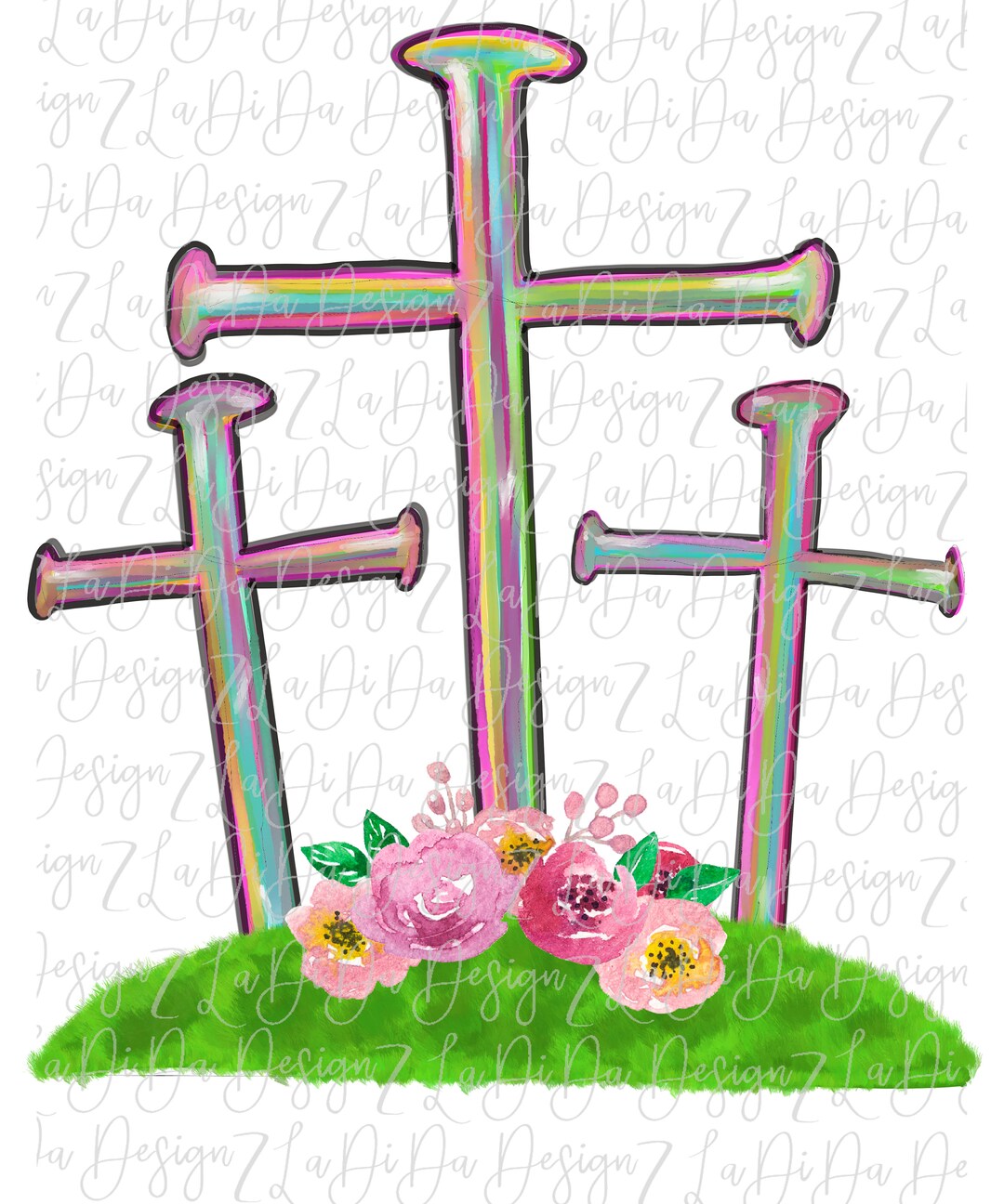 Three Nail Cross Floral Mound Easter Colorful Nailhead Hand Drawn PNG ...