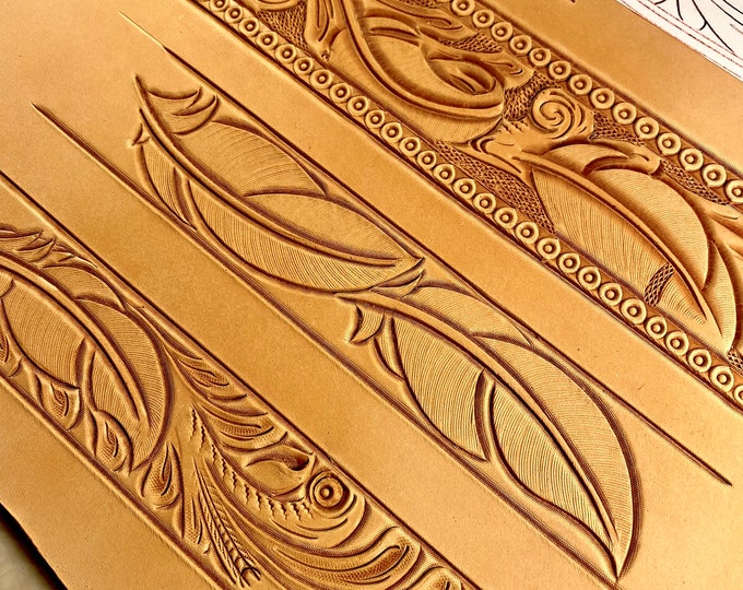 3x Leather Belt Tooling Patterns / Carving Pattern / Stencil. Feather ...