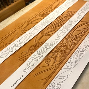 3x Leather Belt Tooling Patterns / Carving Pattern / Stencil. Feather ...