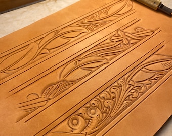 3x Leather Belt Tooling Patterns / Carving Pattern / Stencil. Feather ...