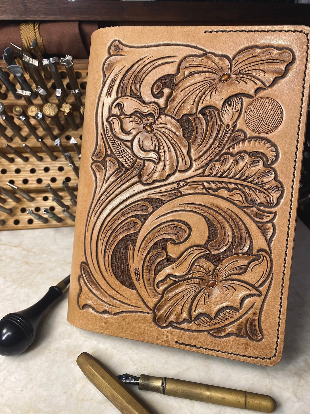 Hand Tooled Leather Journal Cover. Hand Carved Leather Notebook. J&FJ ...