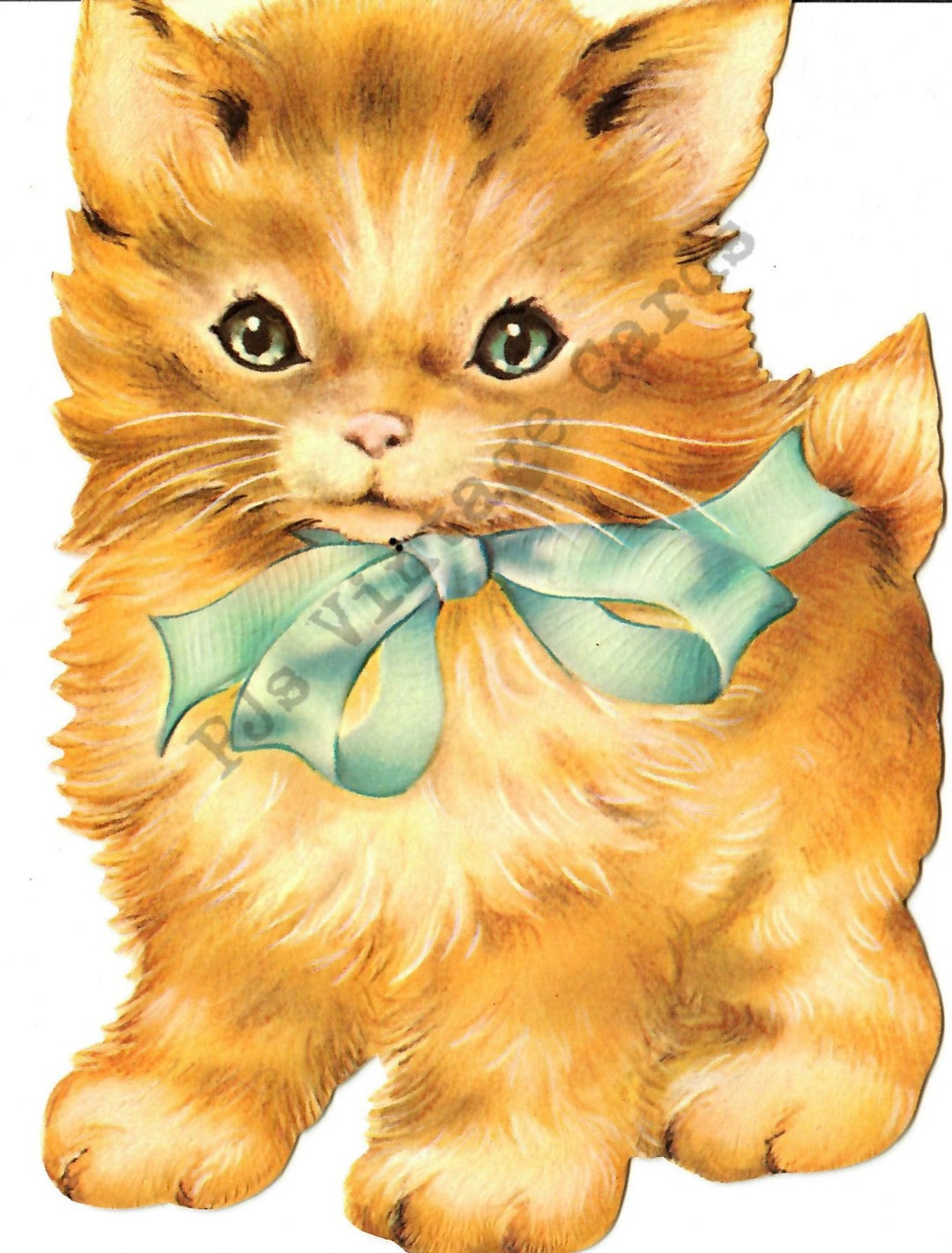 Adorable Kitty Cat Kitten With Blue Ribbon Bow Vintage - Etsy