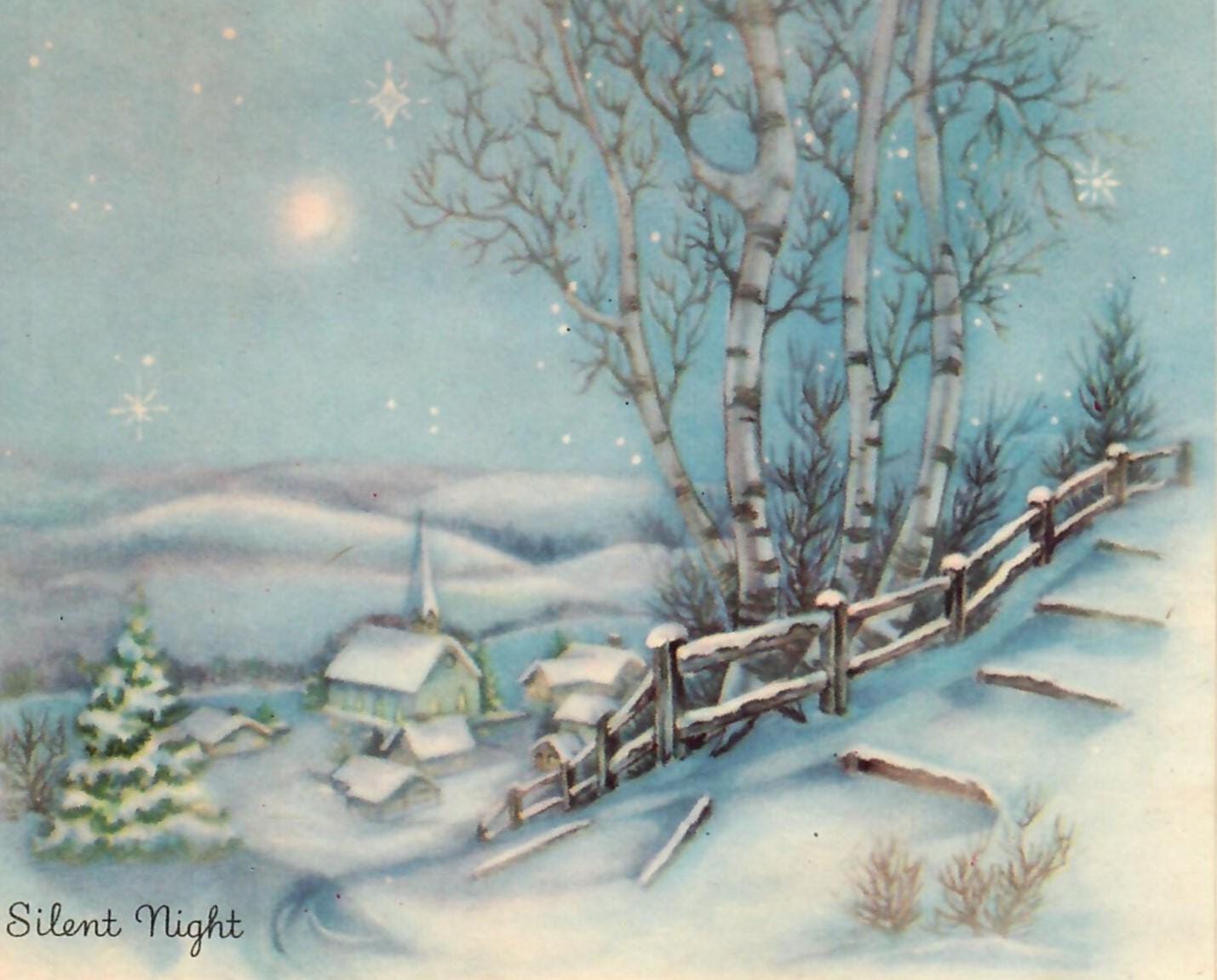 Vintage Silent Night Christmas Card Image, Beautiful Scene Lovely Blues ...