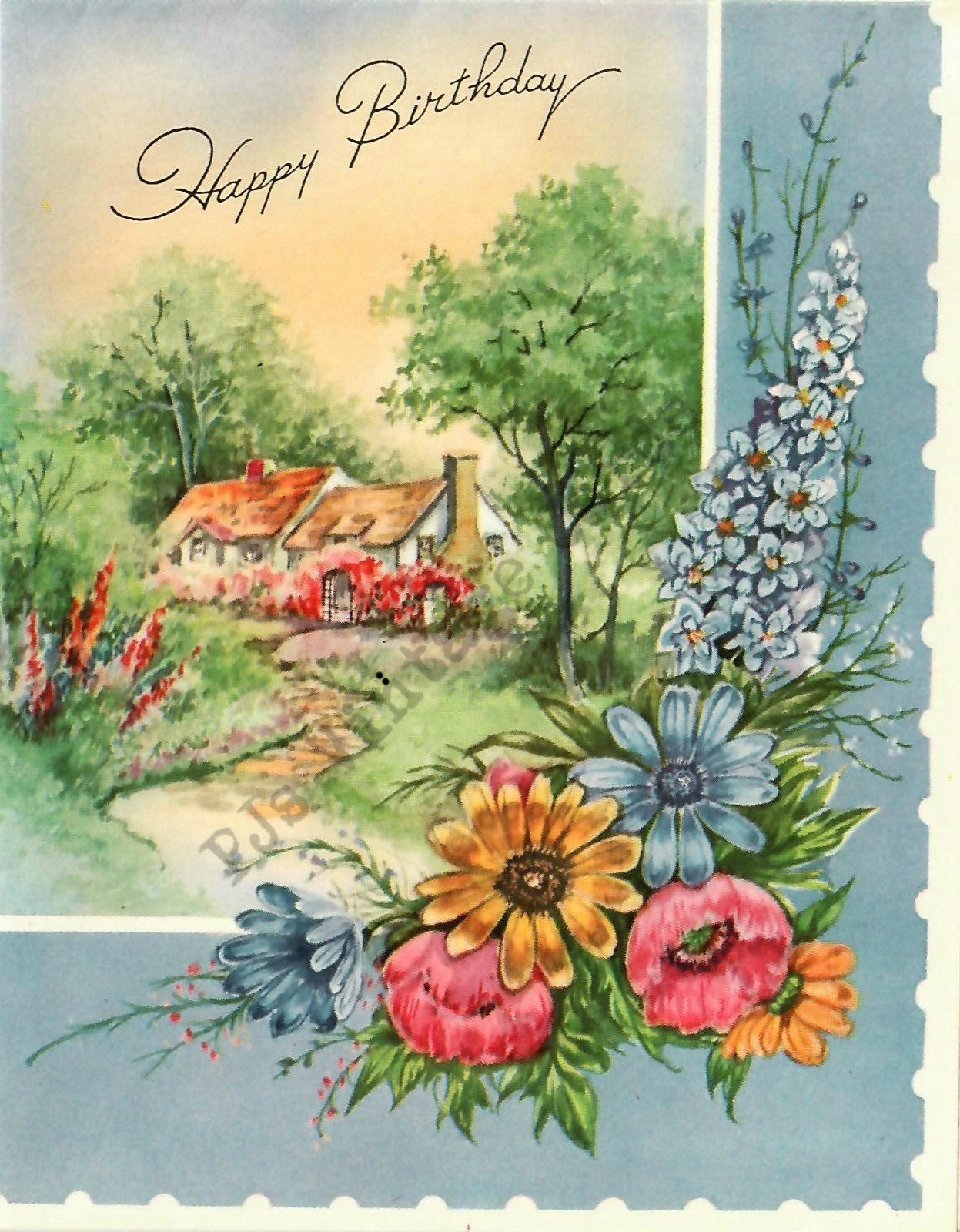 Lovely Vintage Birthday Cottage Greeting Card House Flowers Blue Coral ...