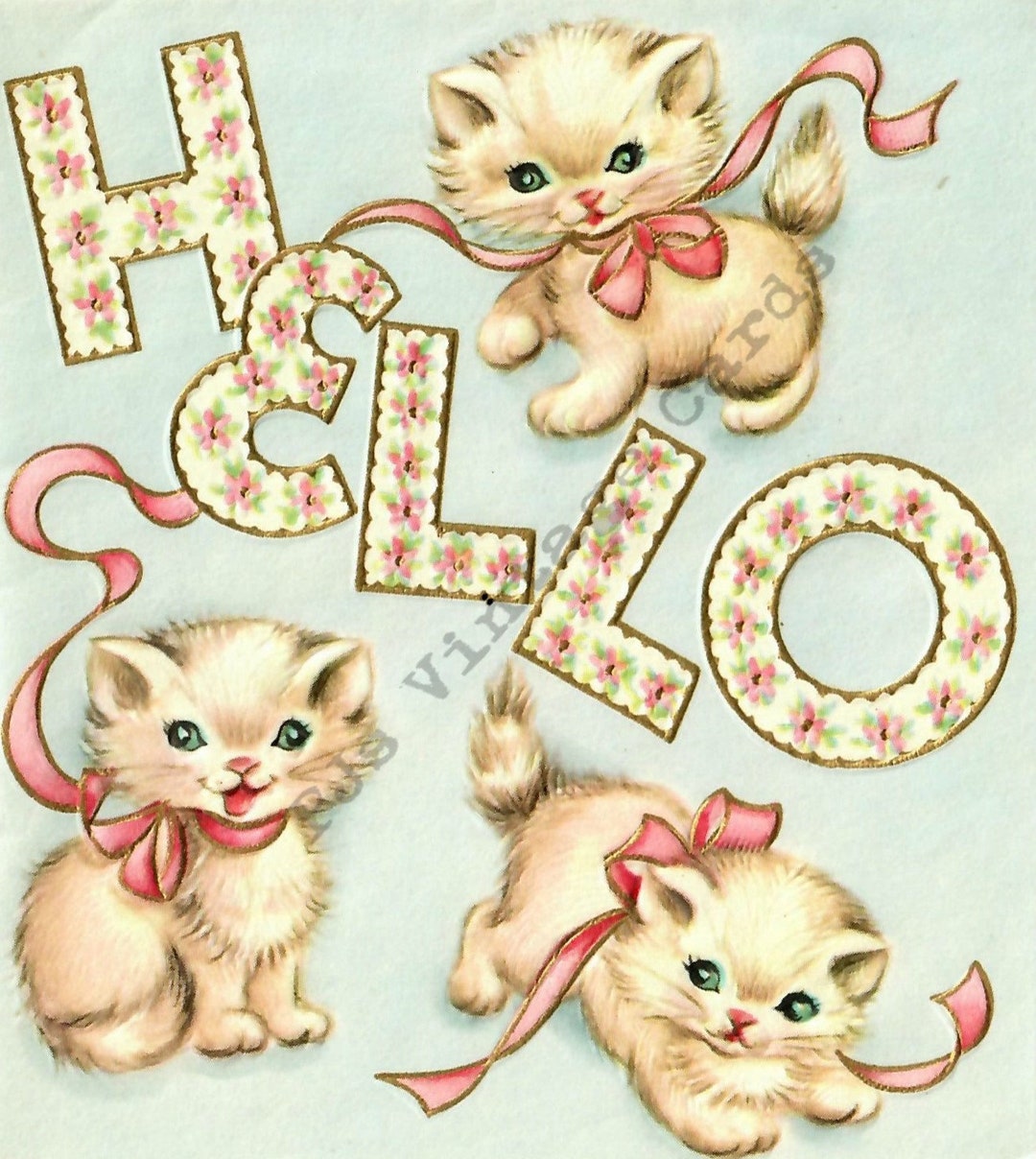 Cute Cream White Kitties Kittens Cats Say Hello Pink Bows Aqua Blue ...