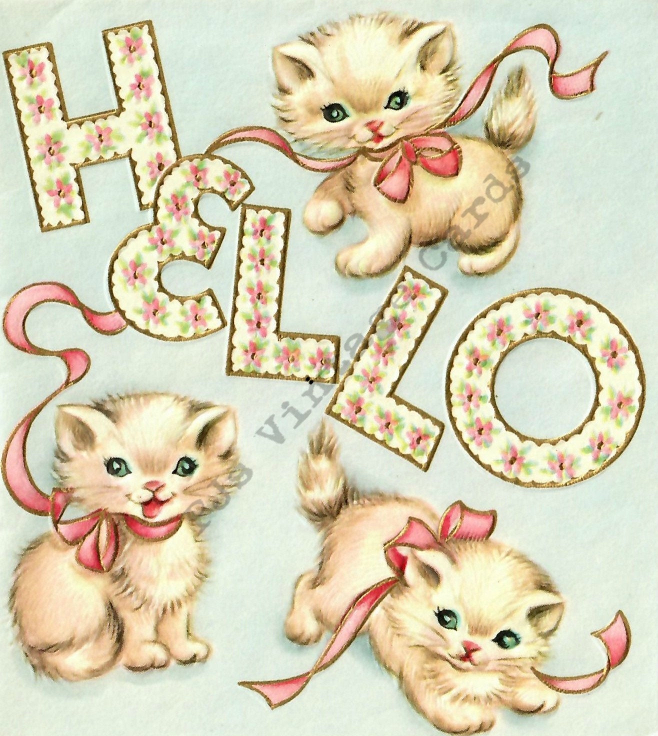 Cute Cream White Kitties Kittens Cats Say Hello Pink Bows Aqua Blue ...