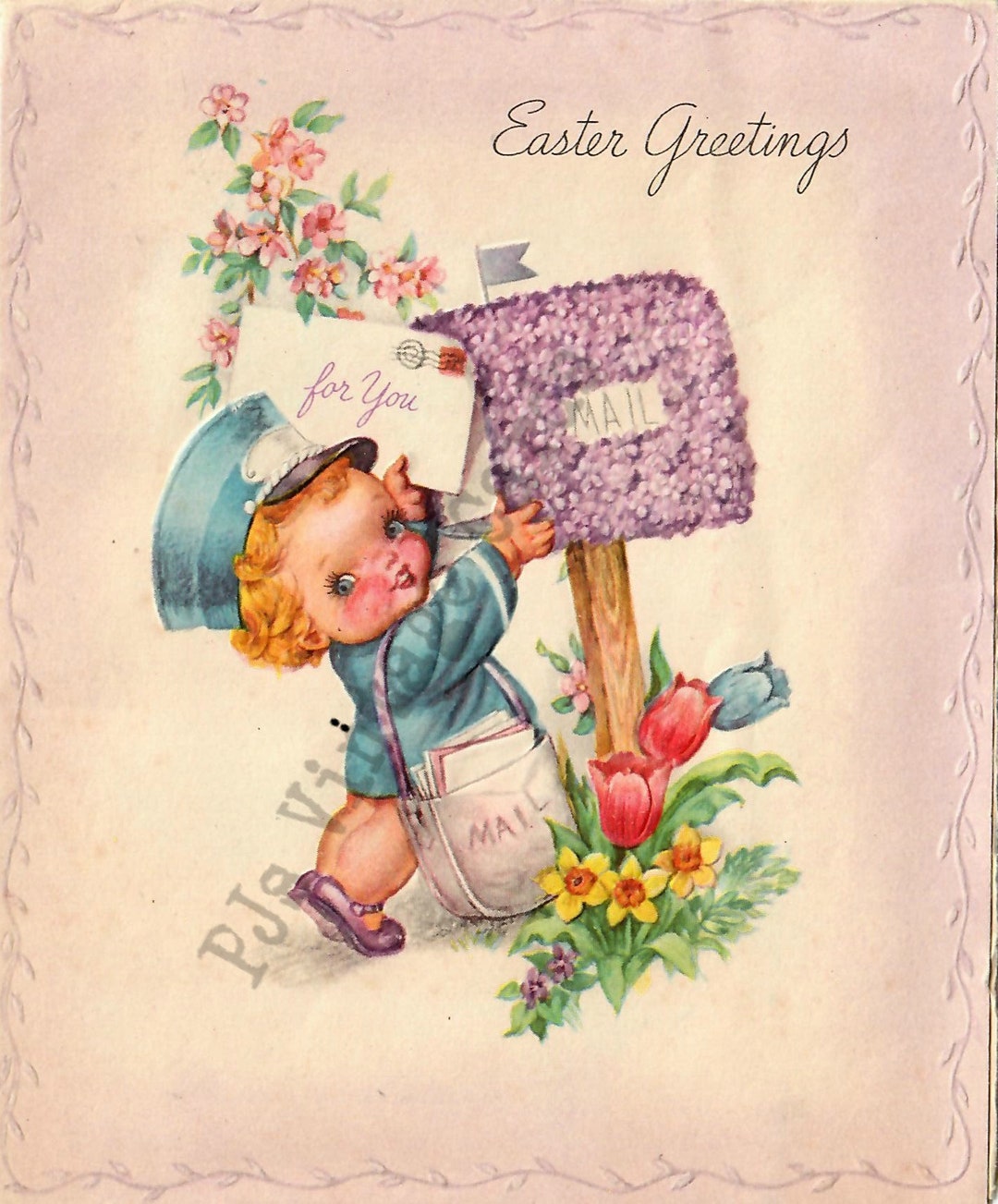 Vintage Easter Card Cute Delivery Girl Lavender Flower Mailbox Postal ...