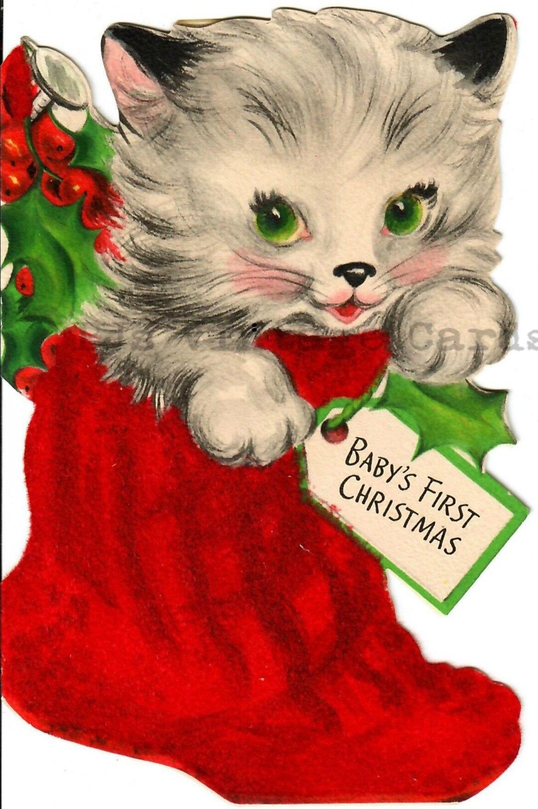 Vintage Baby's First Christmas Card Image Adorable Kitty Kitten Cat ...